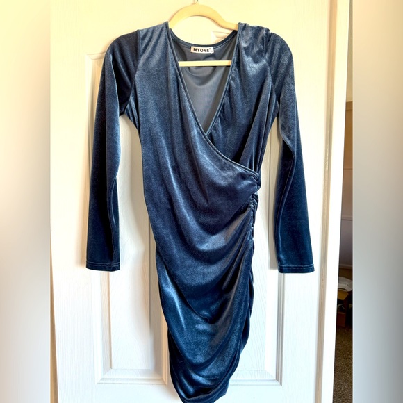 Amazon | Dresses | Rich Blue Metallic Velour Ruched V Neck Dress | Poshmark